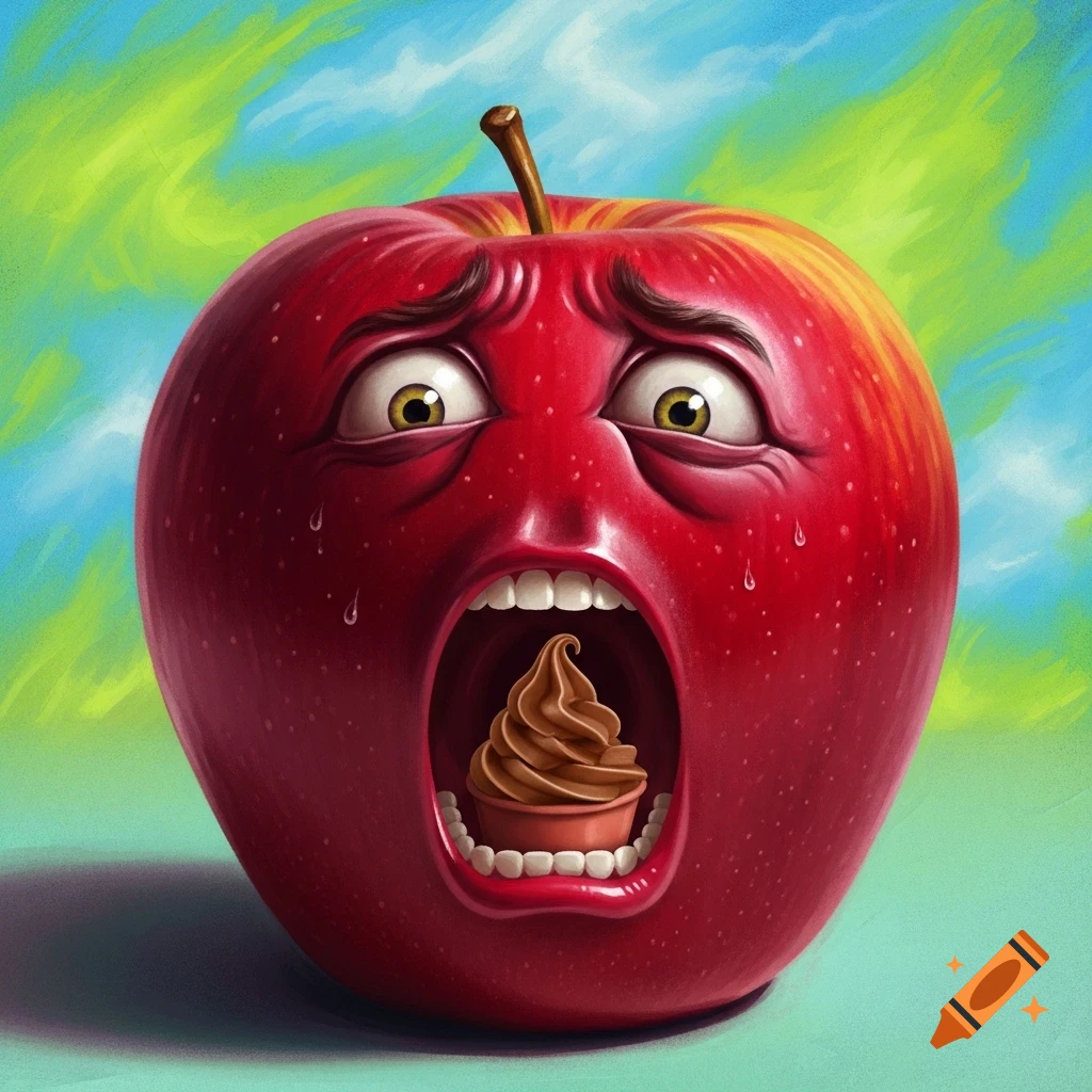 A screaming, anthropomorphic red apple with a brown swirl of 'poo' in ...