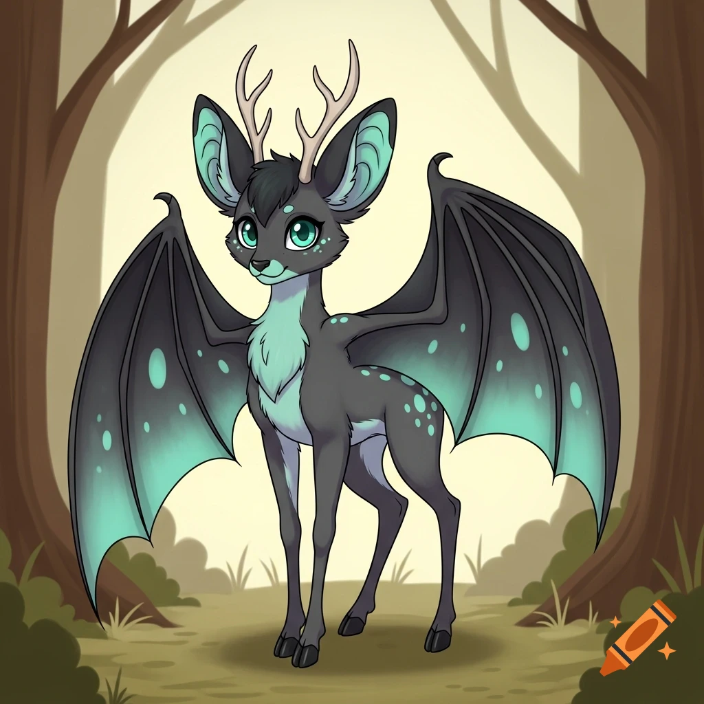 A cute, cartoony charcoal and mint-teal deer-bat hybrid with antlers ...