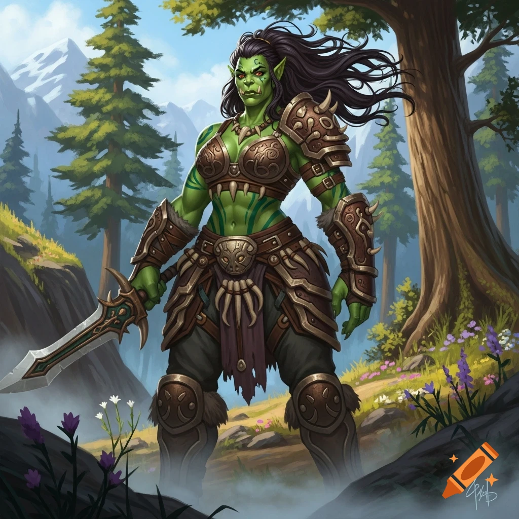 Green-skinned female orc warrior in intricate armor holding a sword ...