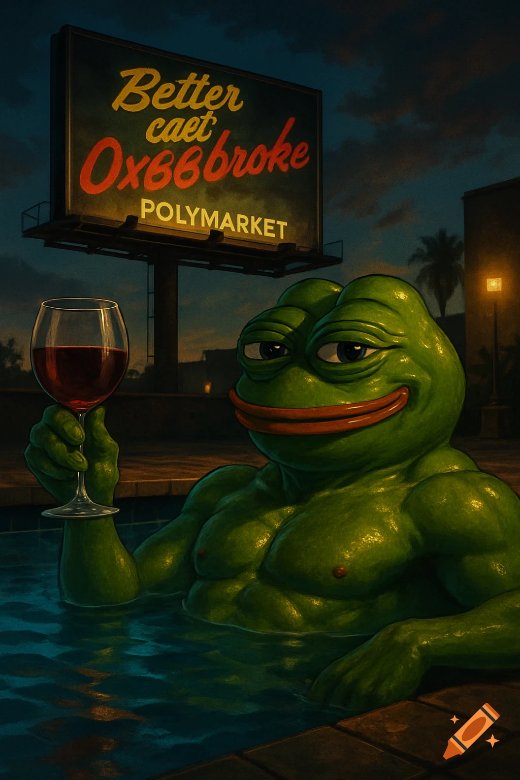 Pepe the frog, muscular, in a pool at night, holding a glass of red ...