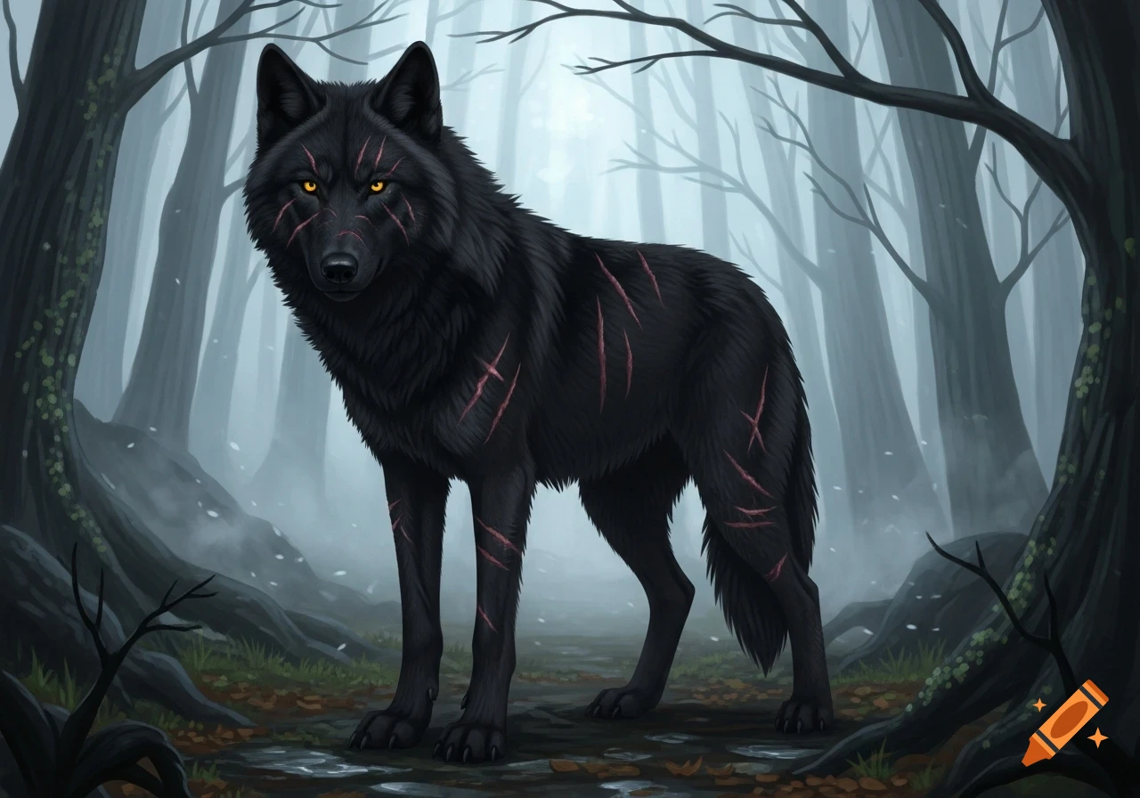 Illustrated black wolf with red scars and glowing yellow eyes stands in ...