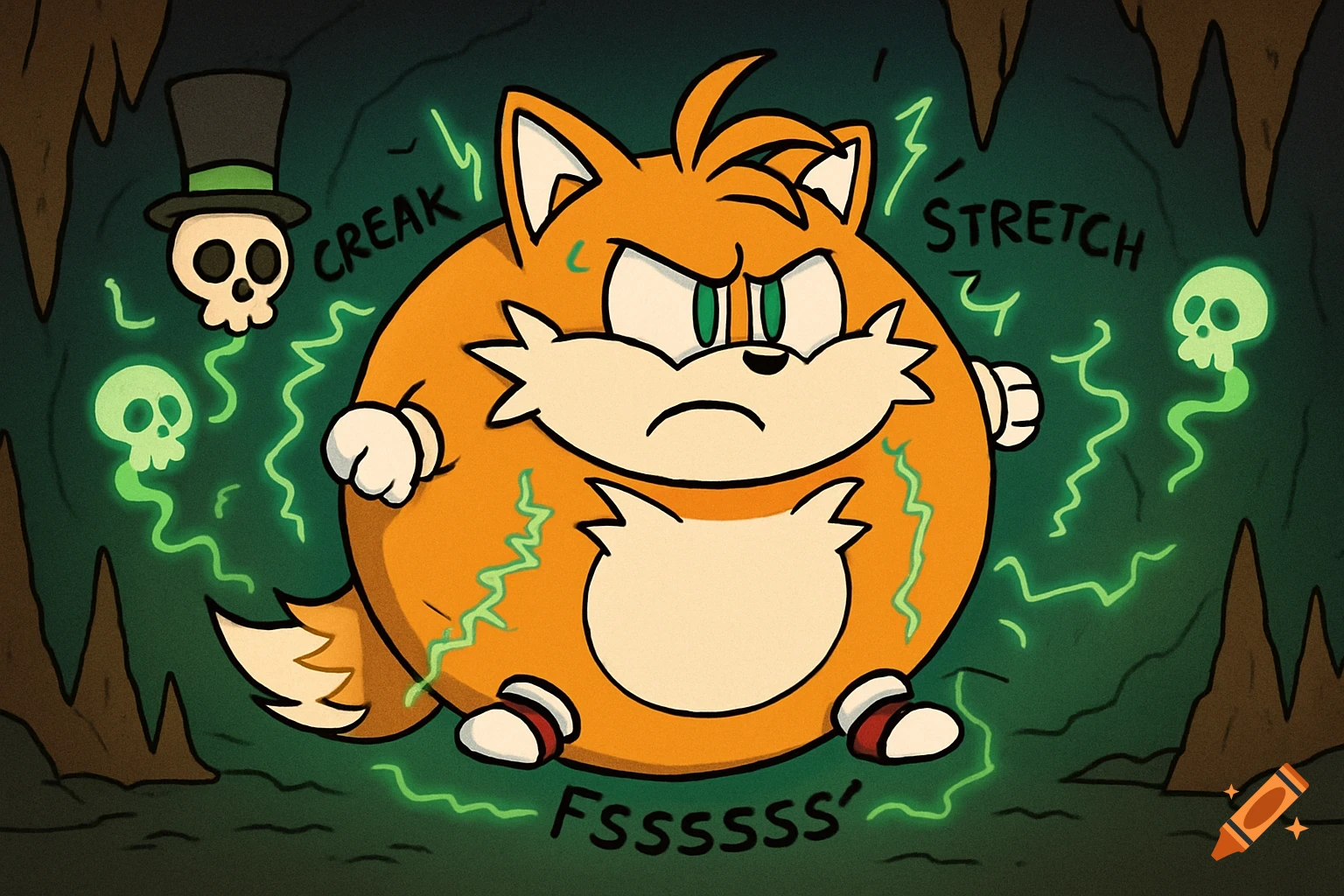 A cartoon image of a massive, inflated Tails the Fox in a dark cave ...