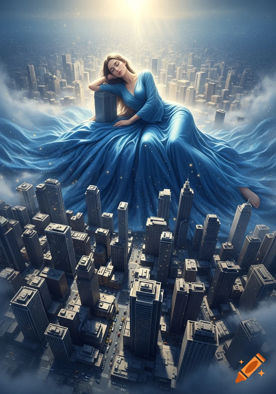 A giant woman in a flowing blue dress lies peacefully across a ...