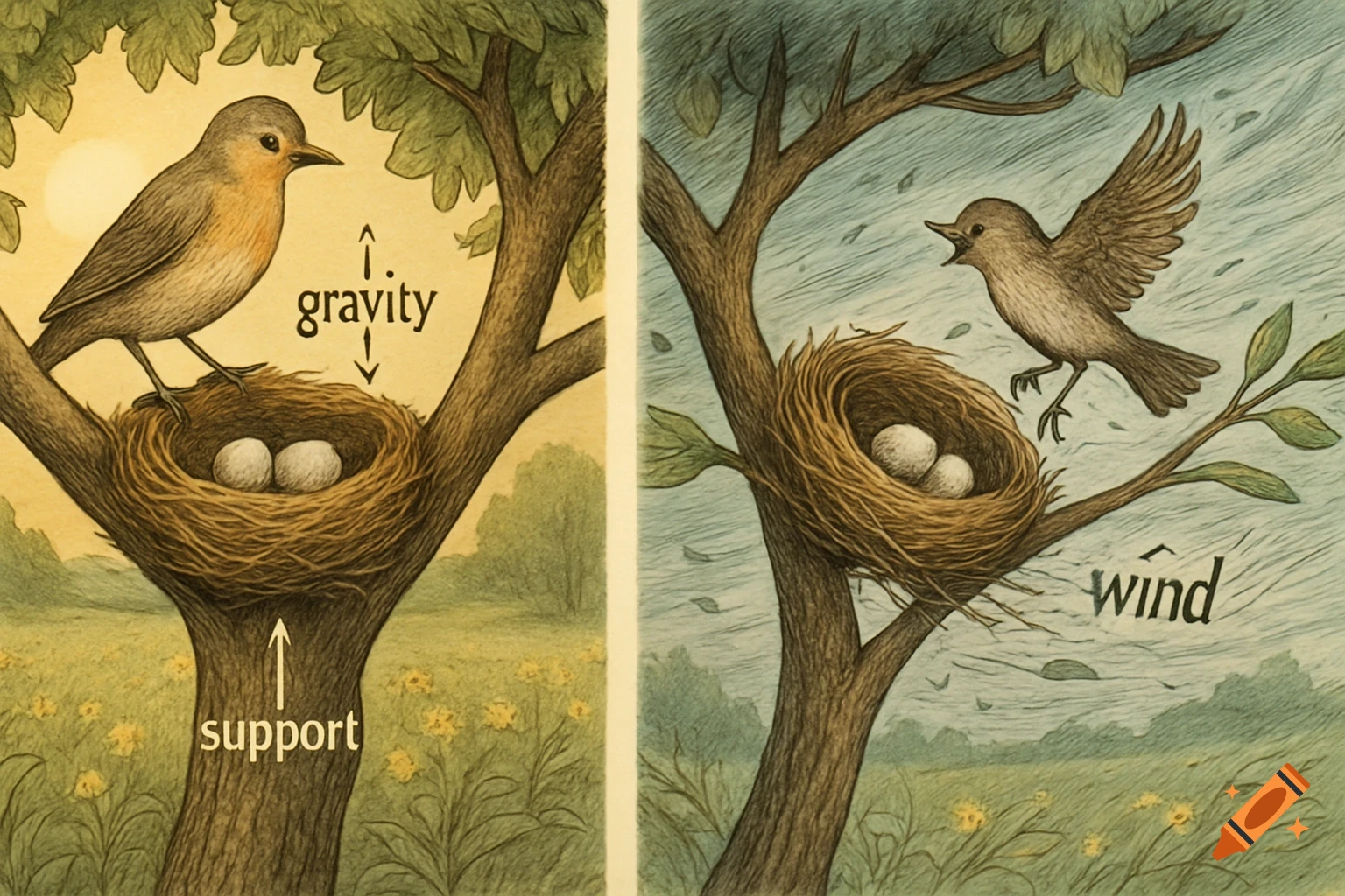 An illustration of forces: a bird on a nest with 'gravity' and 'support ...