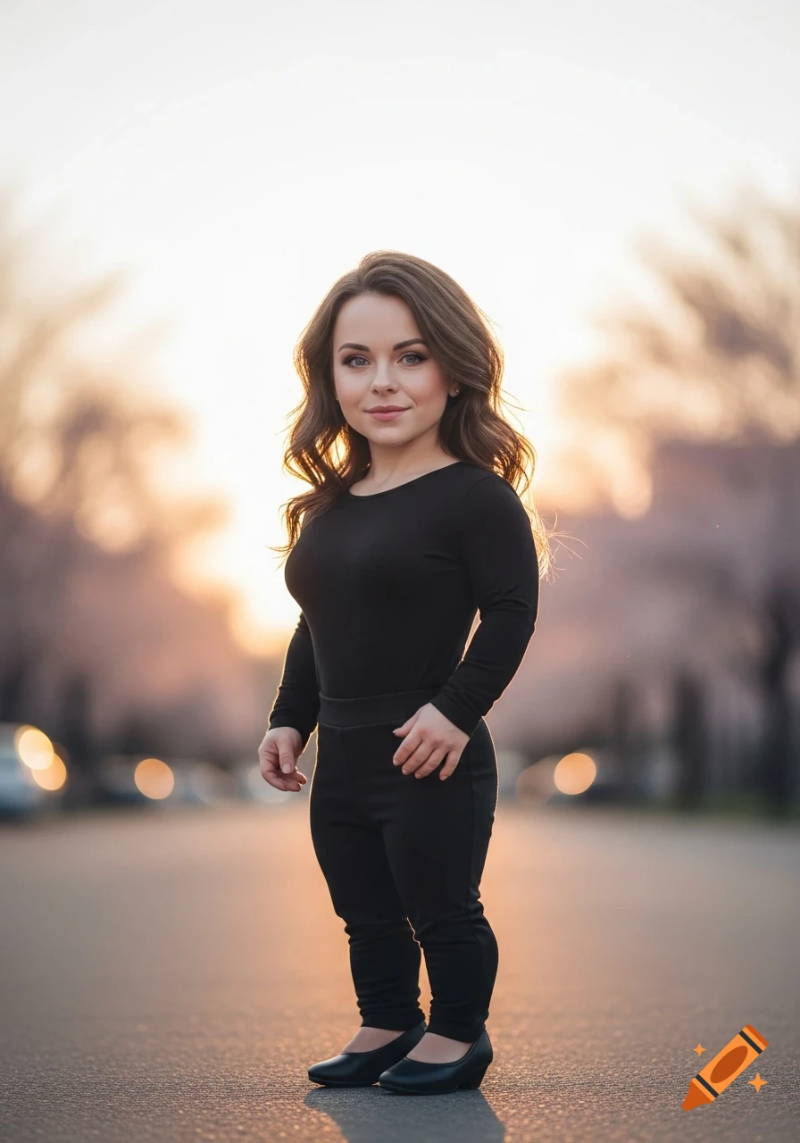 Photorealistic portrait of a woman of short stature in black attire ...