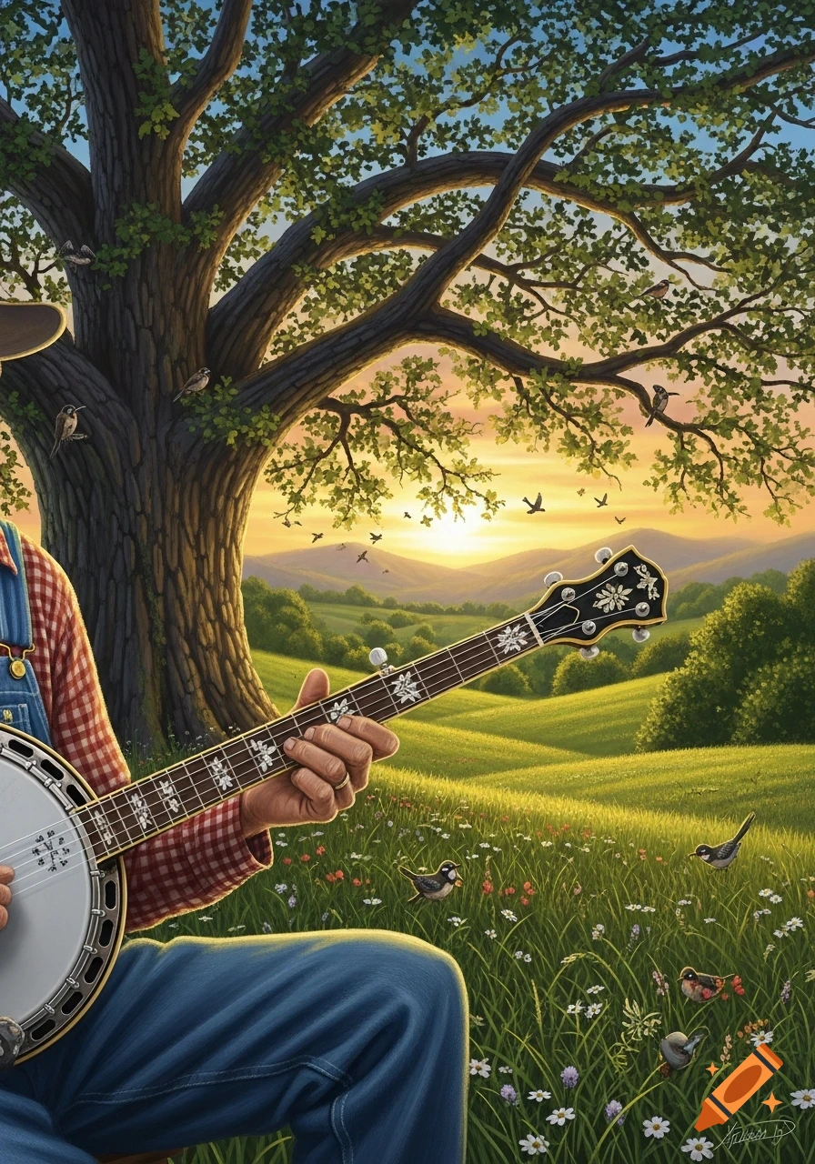 A person in overalls plays a banjo in a sunlit field with a large tree ...