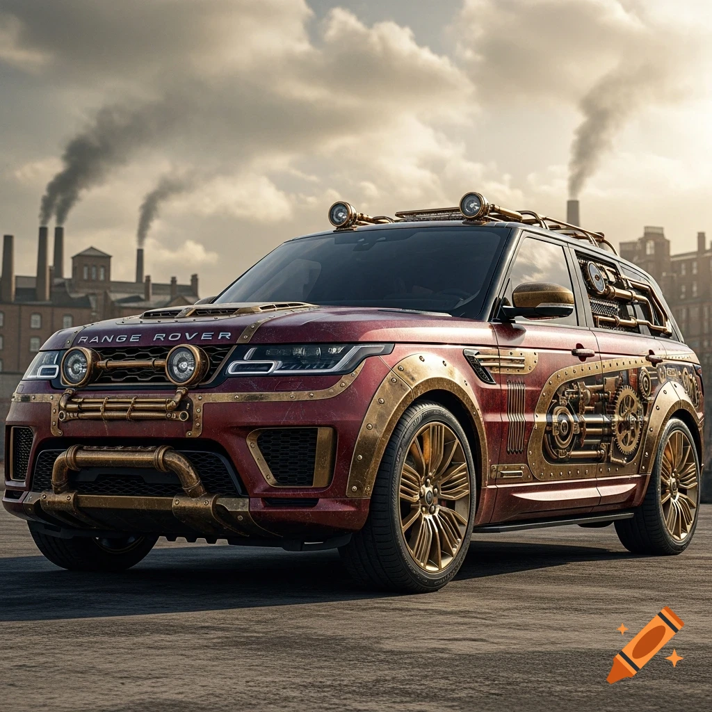 A dark red Range Rover SUV customized in a steampunk style with brass ...