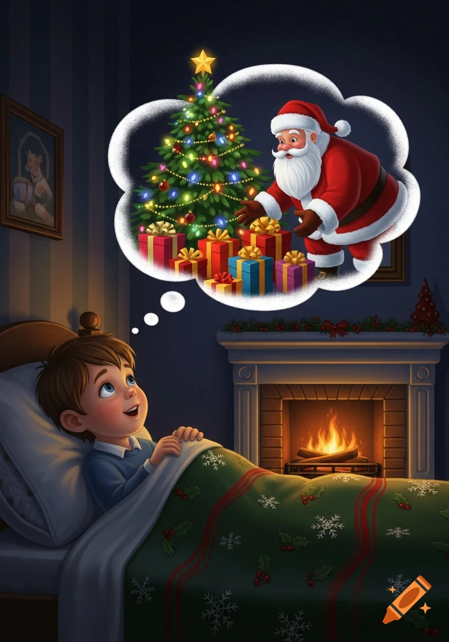 Cartoon boy in bed dreamily watches a thought bubble with Santa placing ...