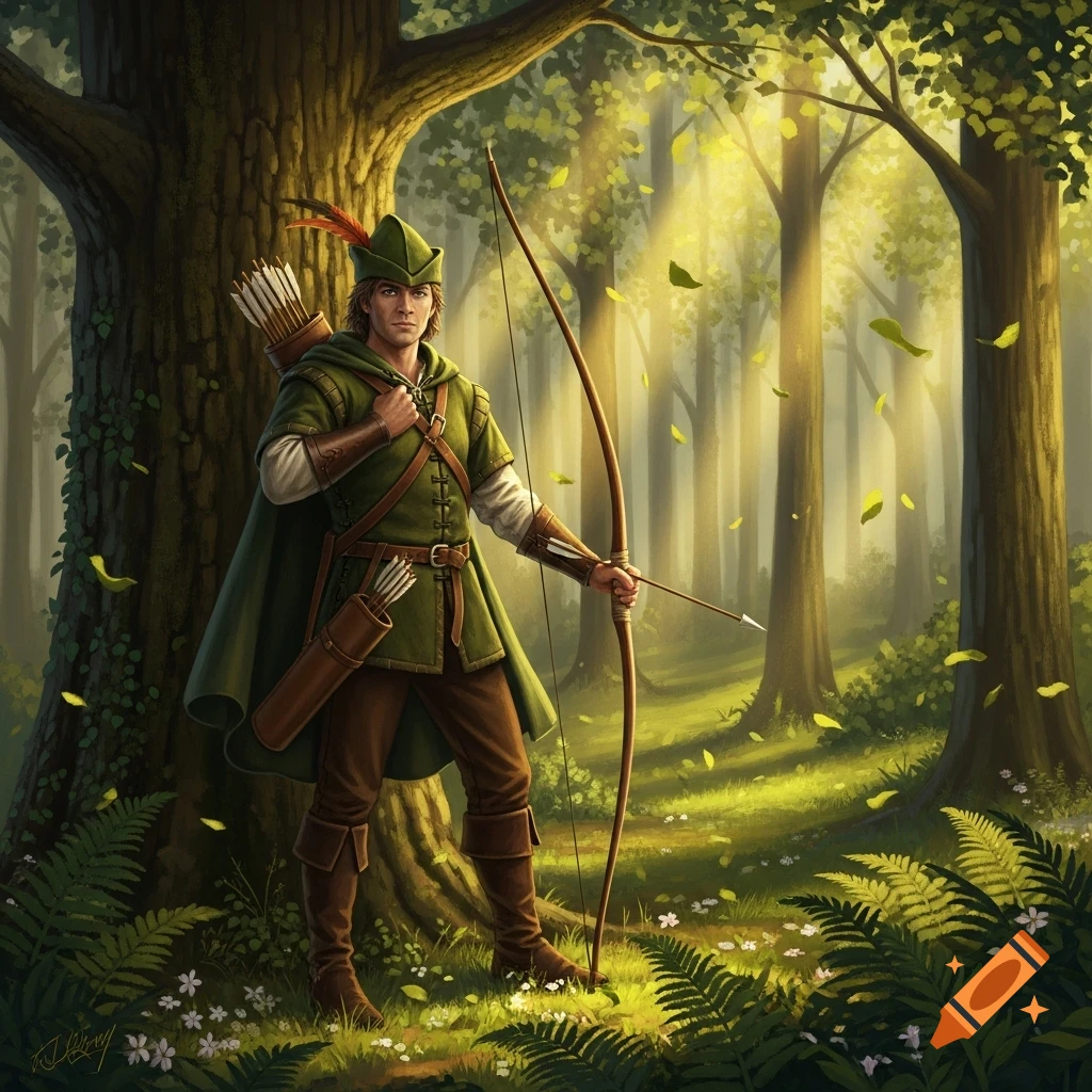 A man dressed as Robin Hood stands holding a bow with a nocked arrow in ...