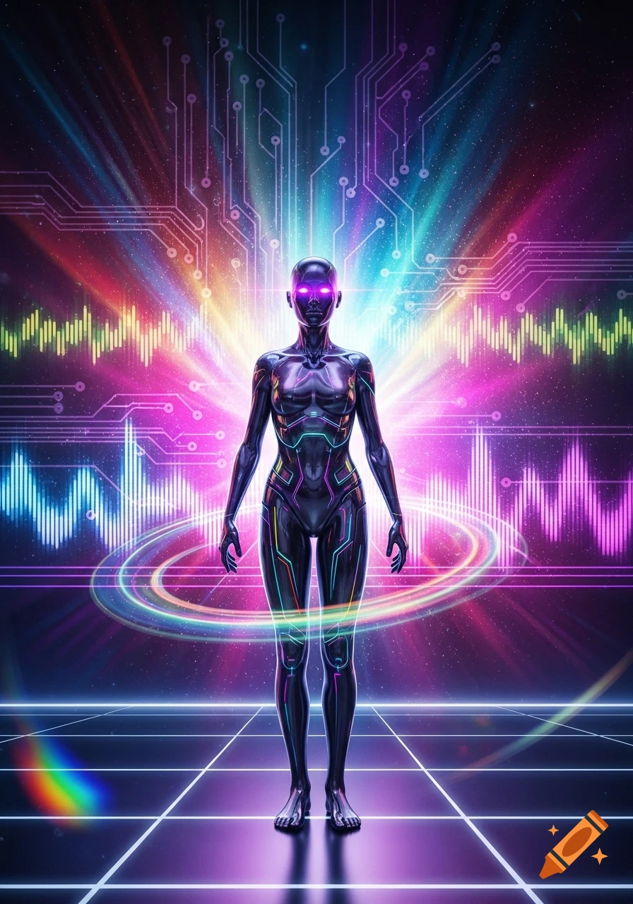 Sleek metallic humanoid with glowing purple eyes in a vibrant ...