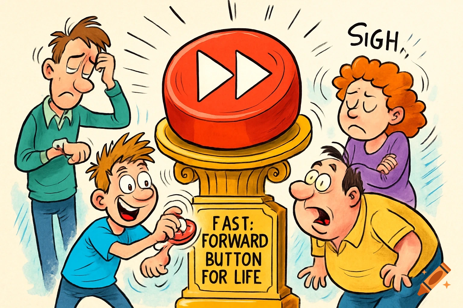 Humorous cartoon of impatient people around a giant 'Fast-Forward ...