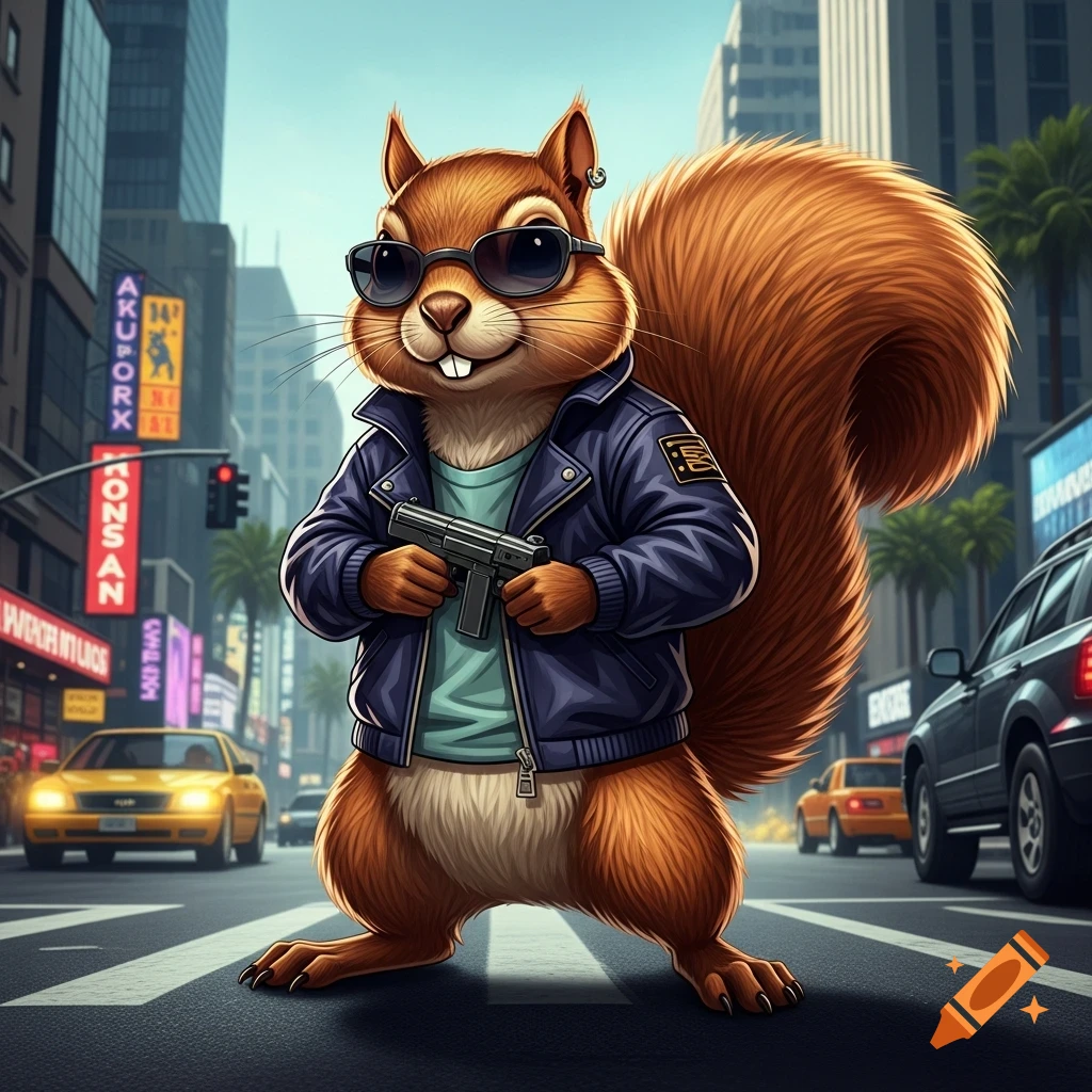 A badass cartoon squirrel in a leather jacket and sunglasses, holding a ...