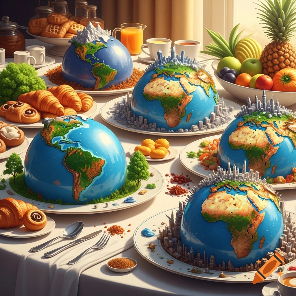 A breakfast buffet features globe-shaped food items representing ...