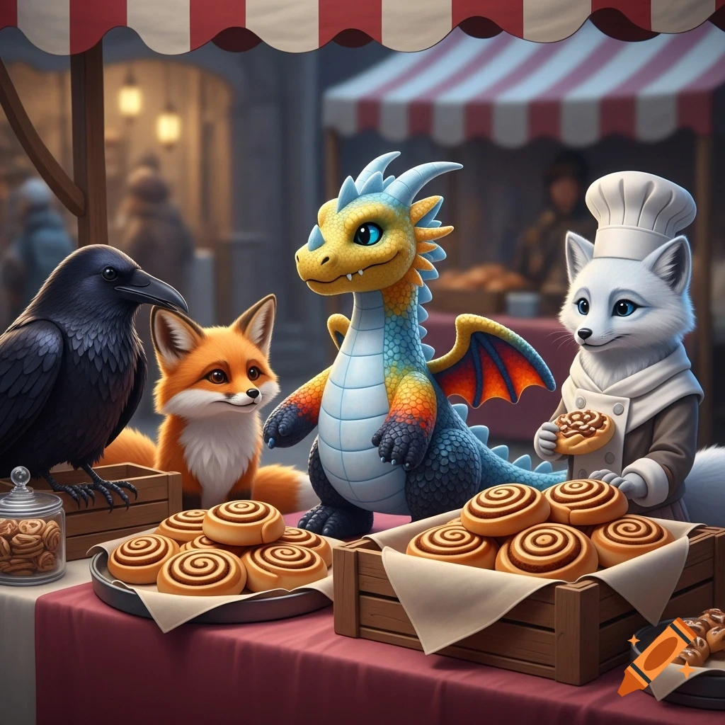 A cute cartoon dragon, raven, and two foxes stand at a market stall ...