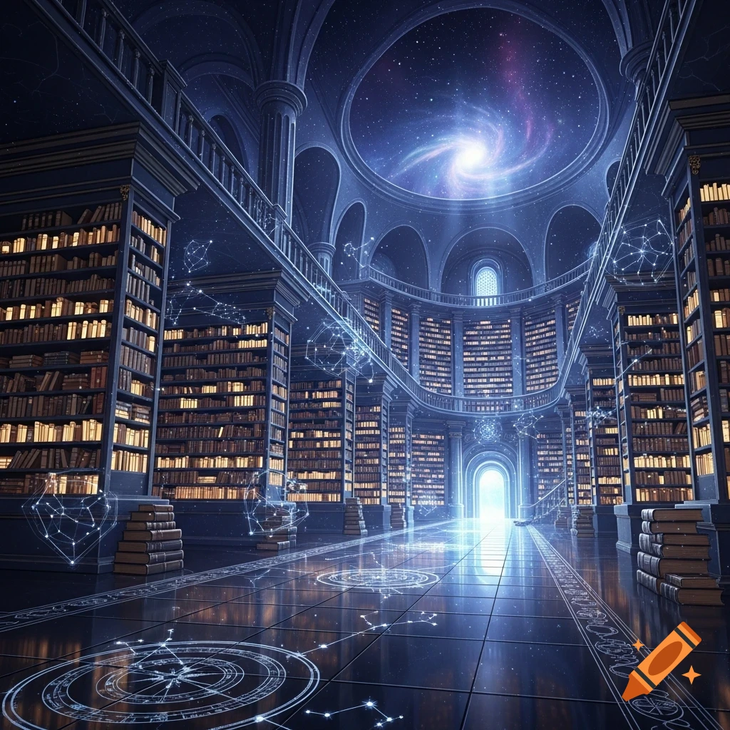 A vast, dark fantasy library with glowing bookshelves, celestial ...