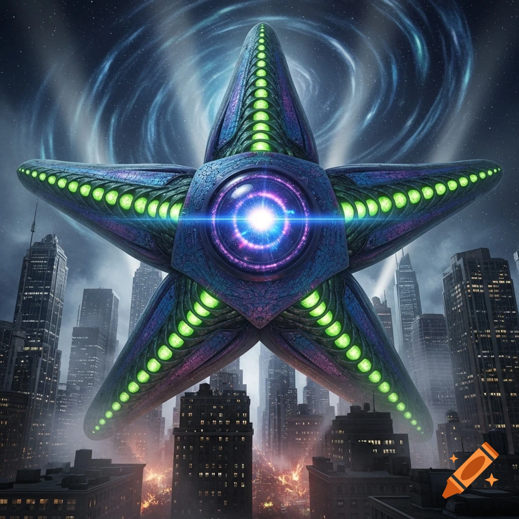 Massive purple and green alien starfish creature with glowing lights ...