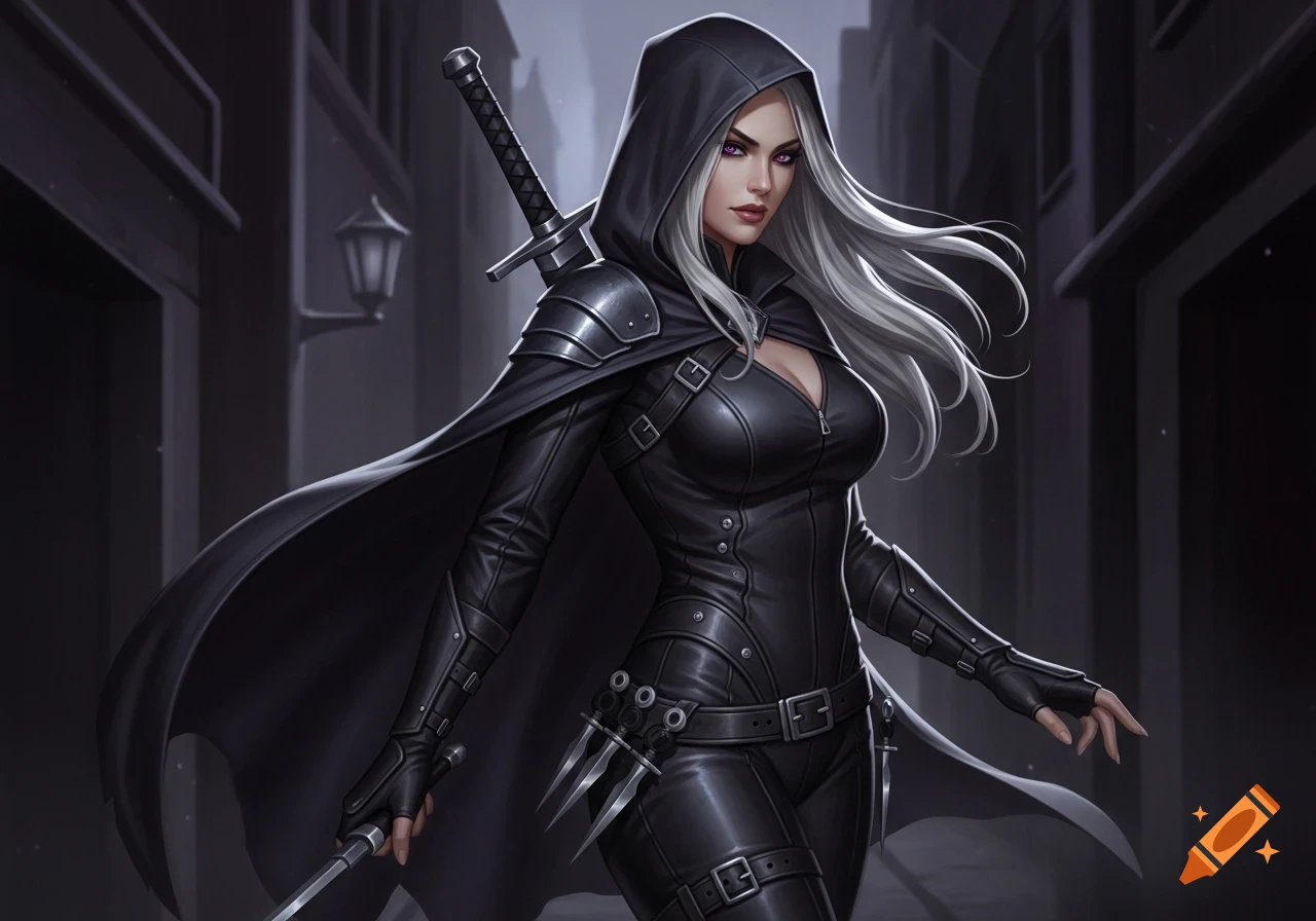 A female assassin with long white hair, purple eyes, wearing a black ...