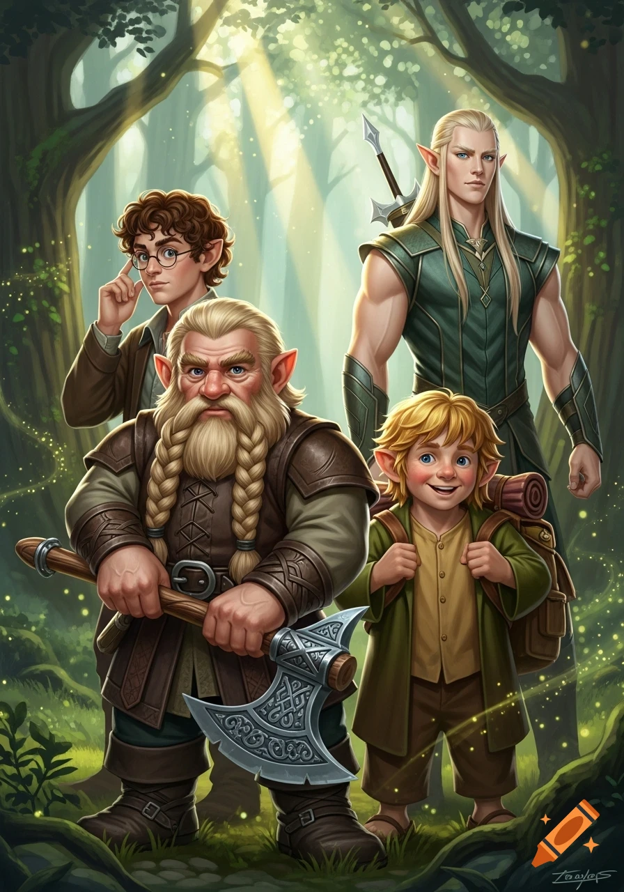 An illustration of four fantasy heroes, a dwarf with an axe, a hobbit ...