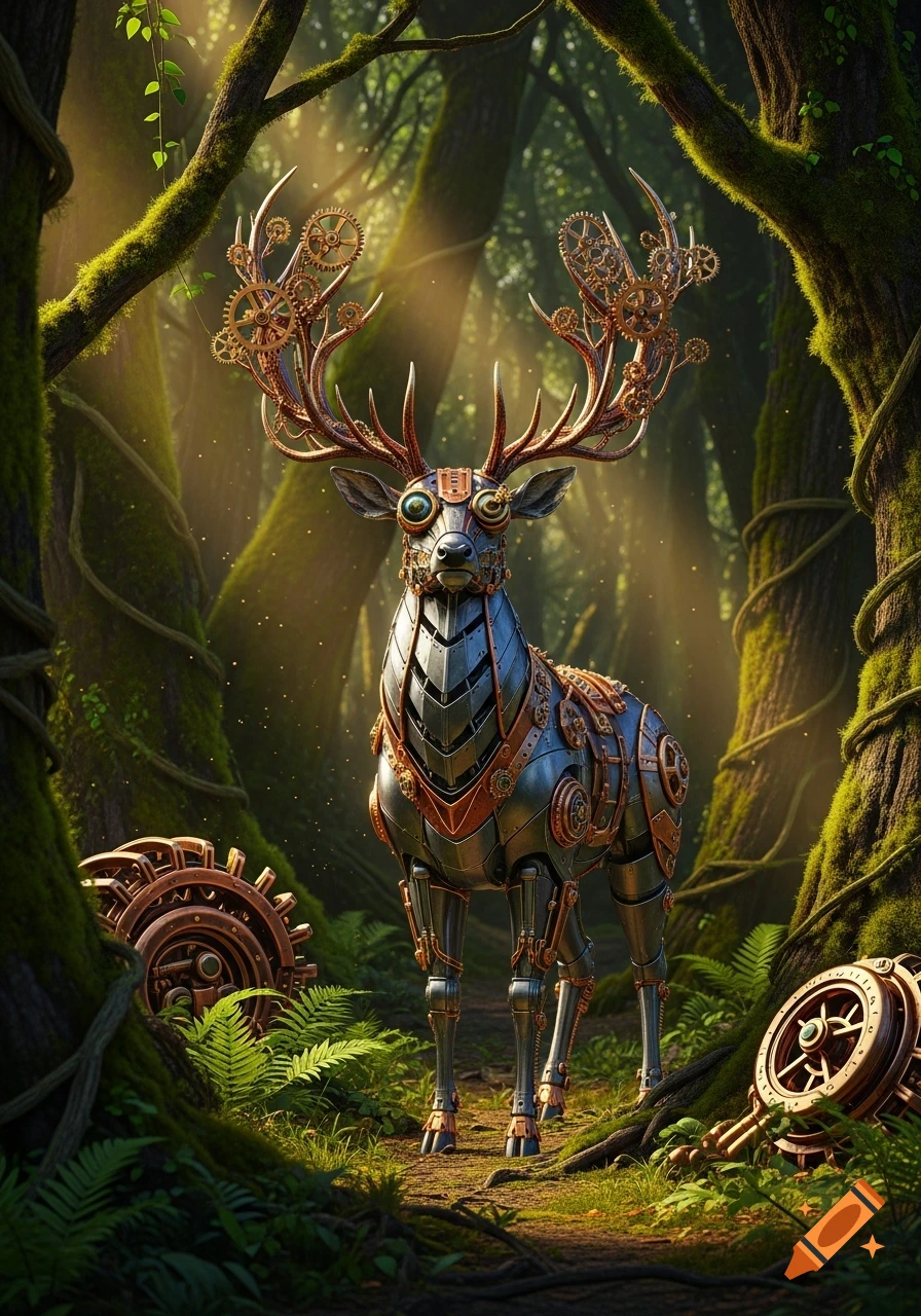 A highly detailed steampunk deer with intricate gears and clockwork on ...
