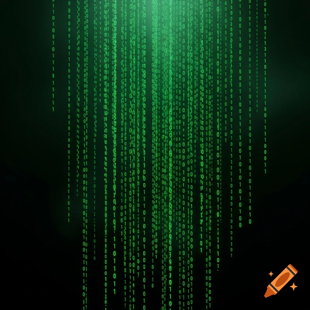 Green binary code (0s and 1s) falling vertically against a dark background, creating a digital ...