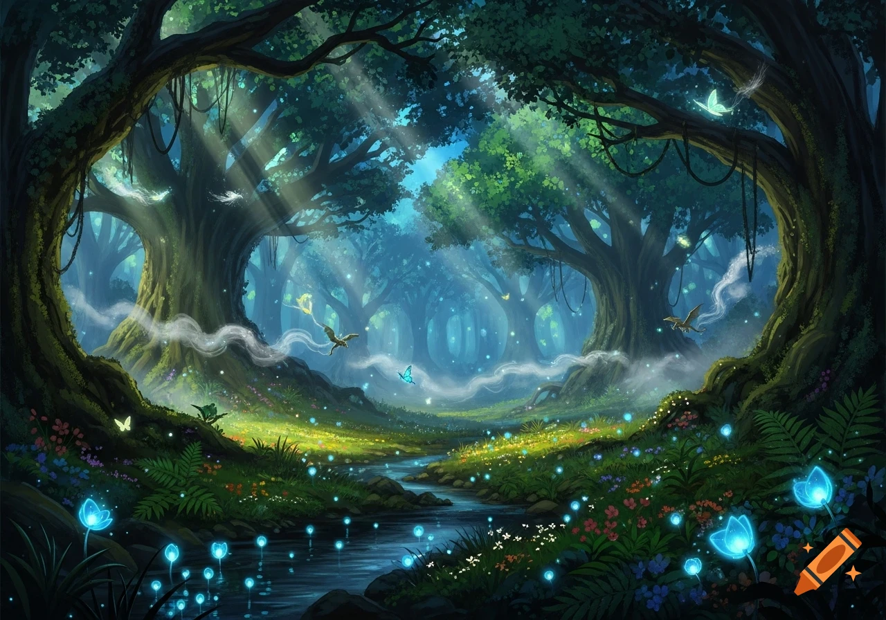 A mystical fantasy forest with glowing blue plants, a winding stream ...
