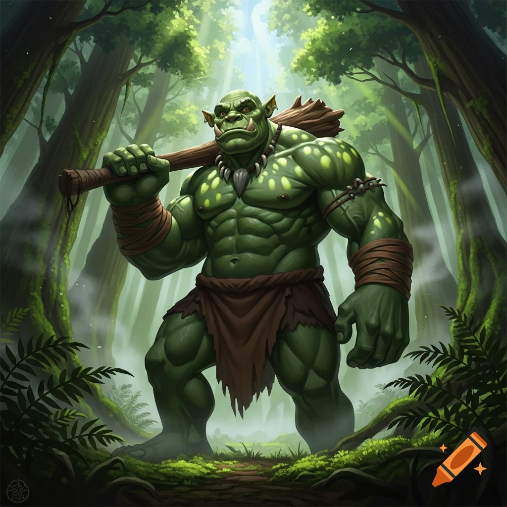 A muscular green orc stands in a lush, misty forest with sunlight ...