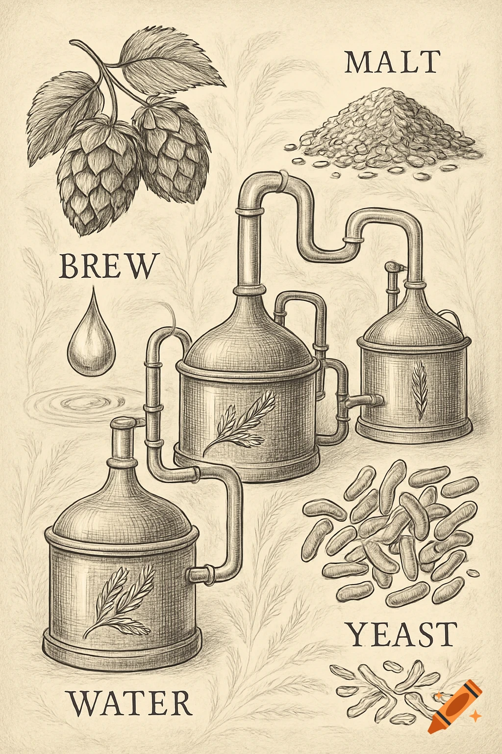 Detailed fine-line style diagram showing the beer brewing process with ...