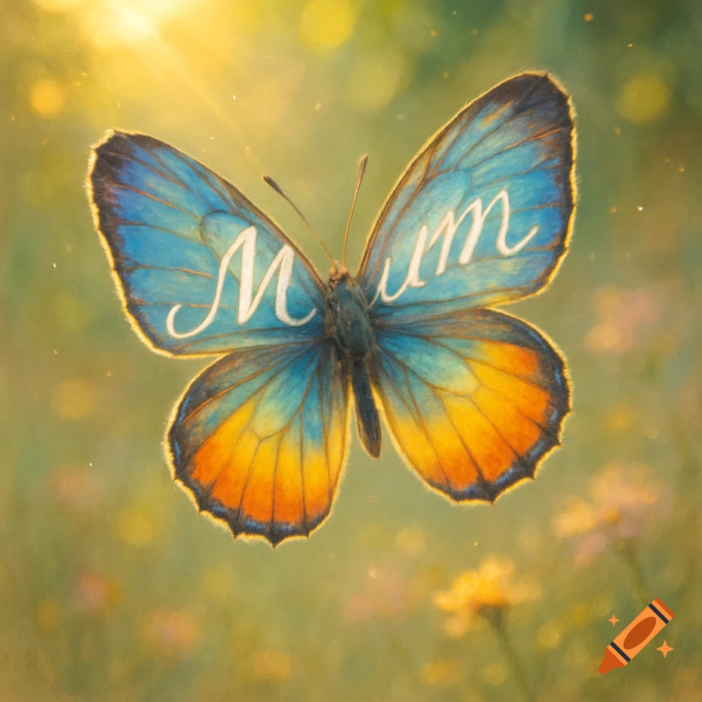 A vibrant blue and orange butterfly with 'Mum' written on its wings ...