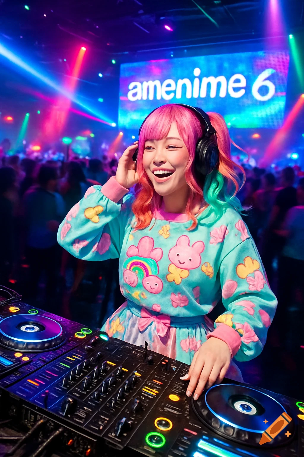 A smiling female DJ with pink and green hair in a kawaii outfit ...
