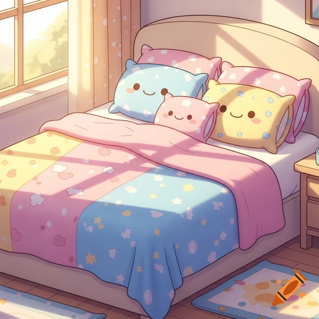 A colorful, cute cartoon bedroom with a bed featuring pink, blue, and ...