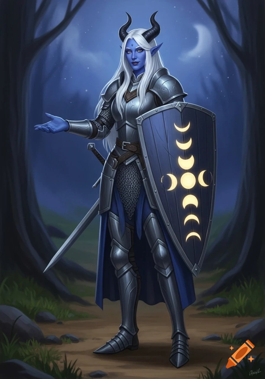 A blue-skinned Tiefling woman with white hair and black horns, wearing ...