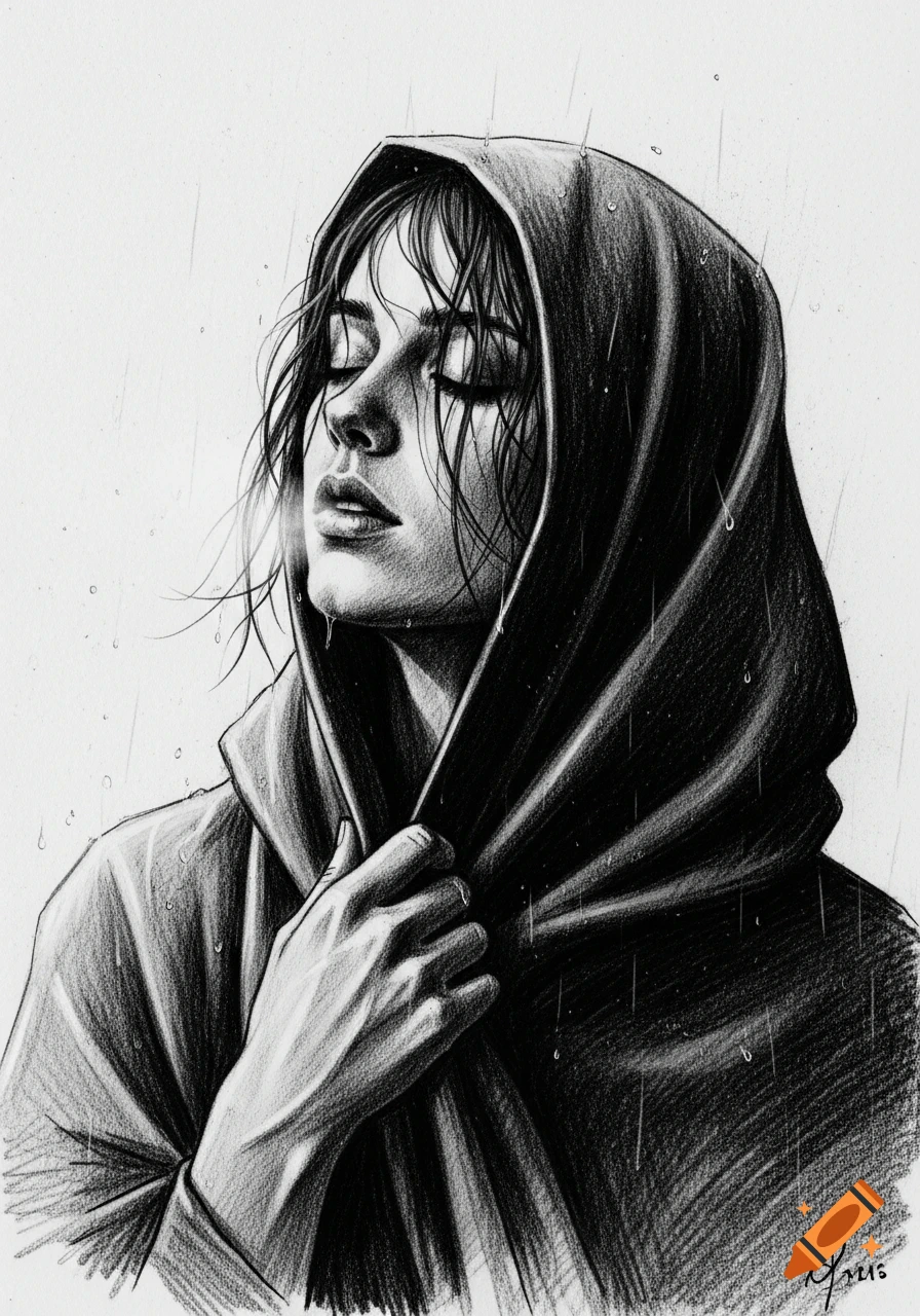 Charcoal drawing of a woman in a hood, eyes closed, face tilted up, in ...