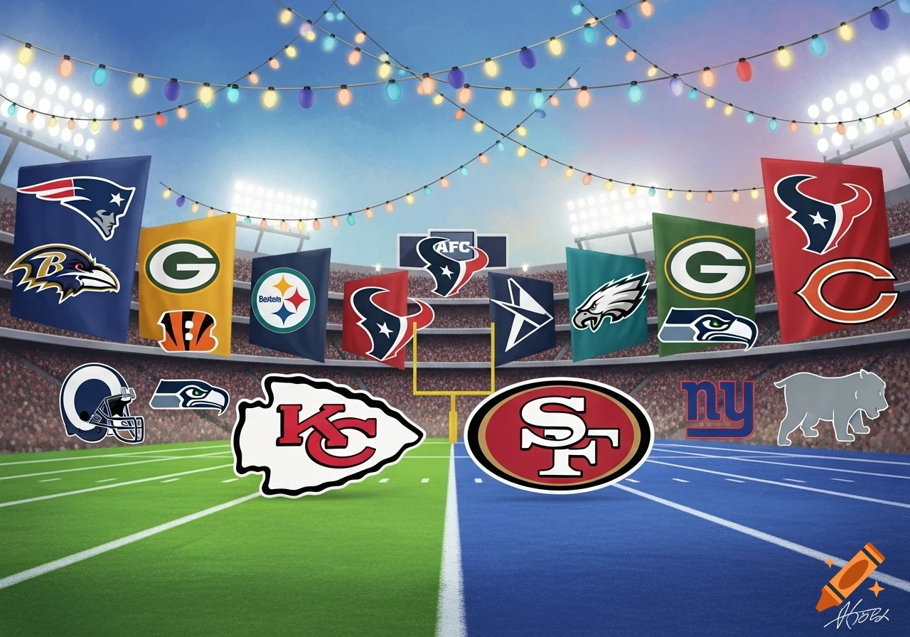 An American football stadium with various NFL team logos displayed on ...