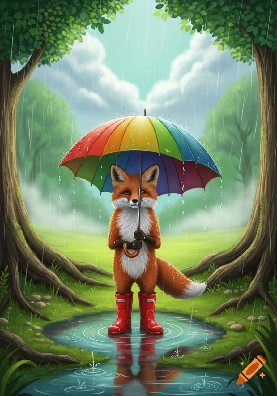 A cute fox in red boots holds a rainbow umbrella in a whimsical, rainy ...