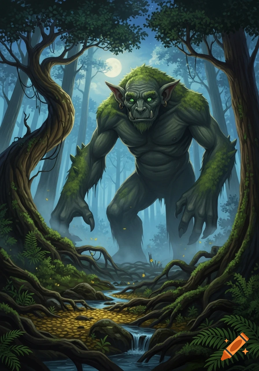 A large, green troll with glowing eyes stands in a mystical forest ...