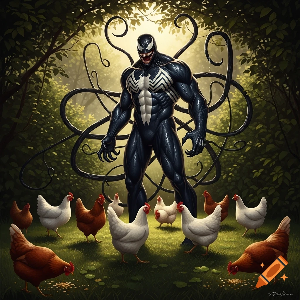 Venom, the black-suited superhero, stands in a forest clearing ...