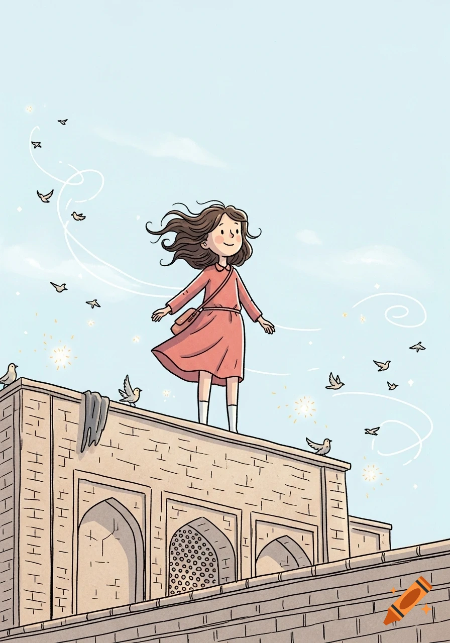 Comic illustration of a girl on an ancient Persian roof with wind-blown ...