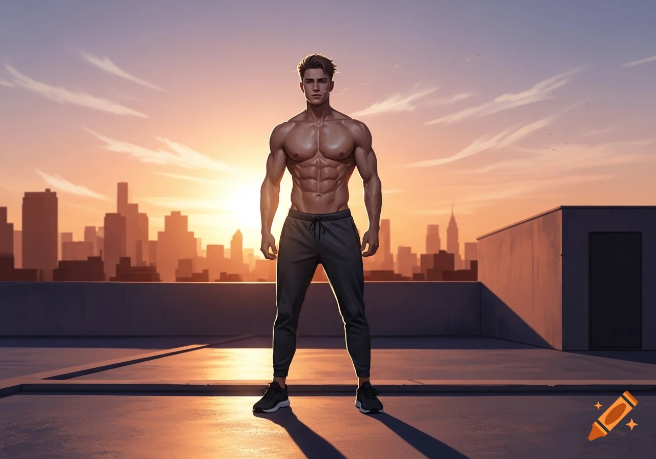 A muscular man stands shirtless in athletic pants on a city rooftop at ...