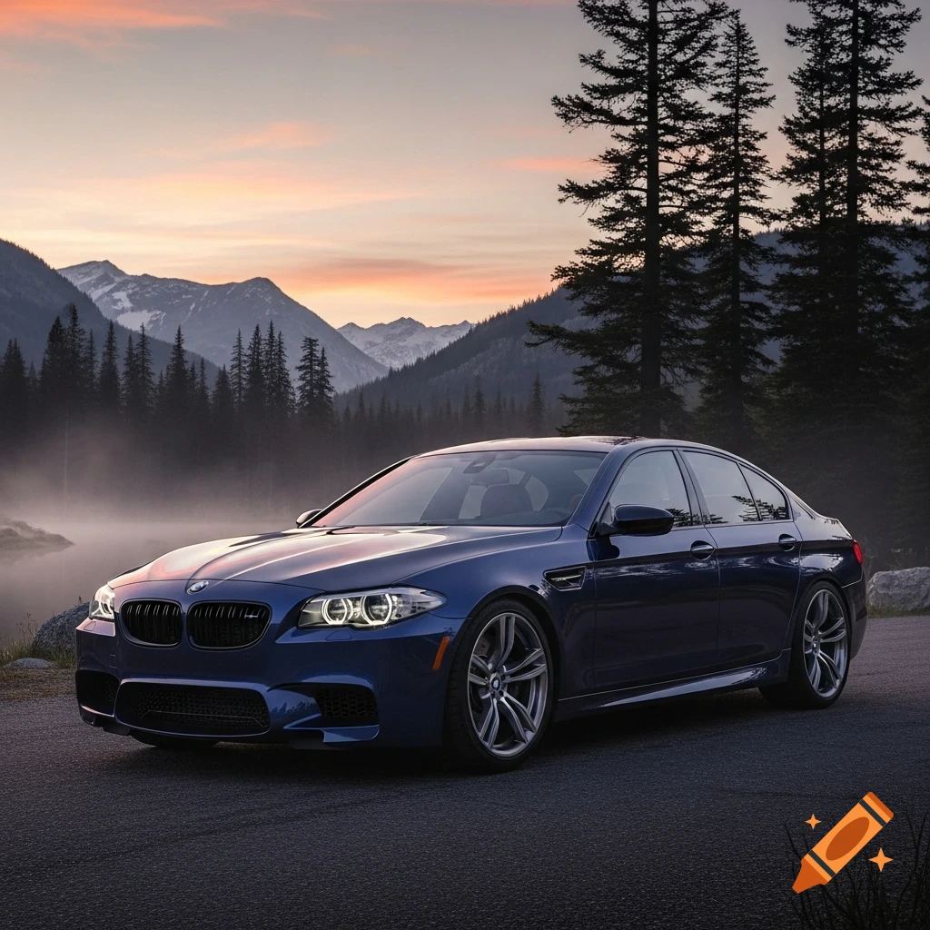 Blue BMW M5 sedan parked on a road with mountains and a misty lake at ...
