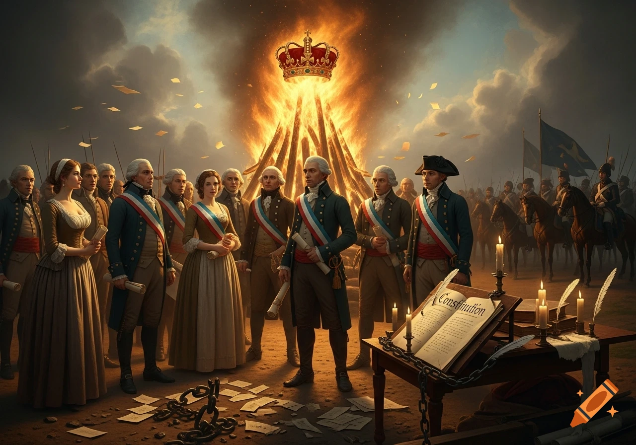 Revolutionary figures watch a crown burn in a bonfire, with broken ...