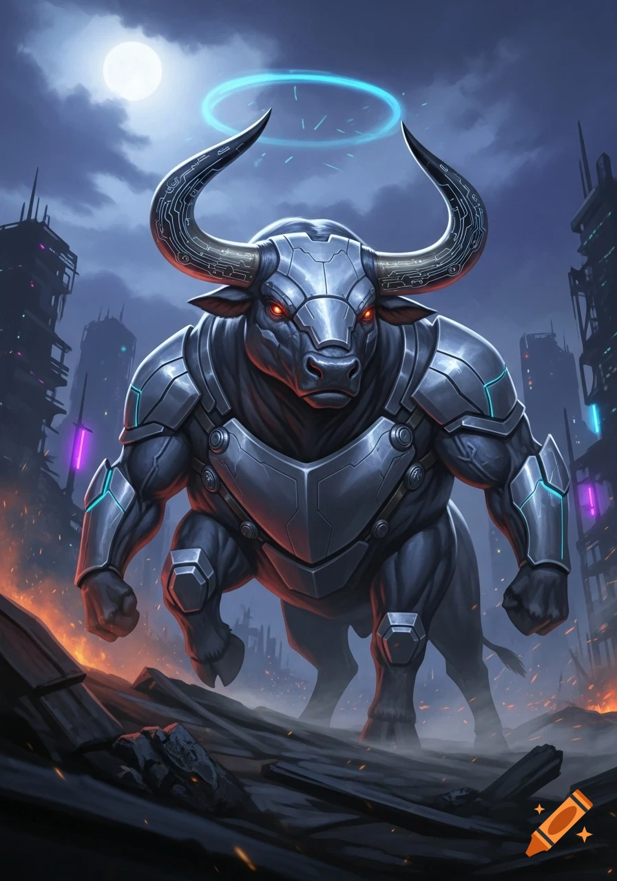 A cybernetic bull in futuristic armor stands in a ruined city under a ...