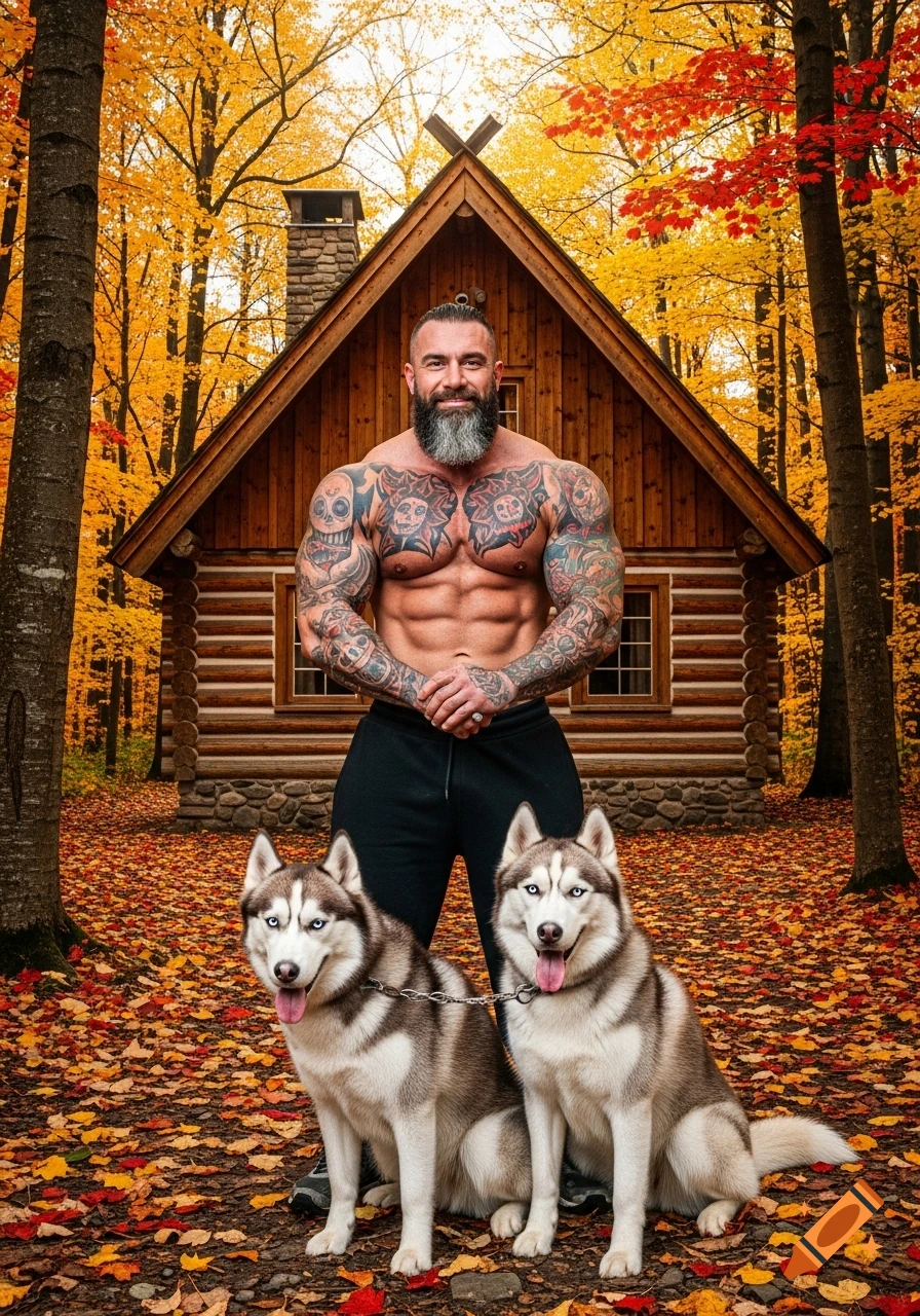 Muscular, tattooed man with a beard and two Huskies in front of a log ...