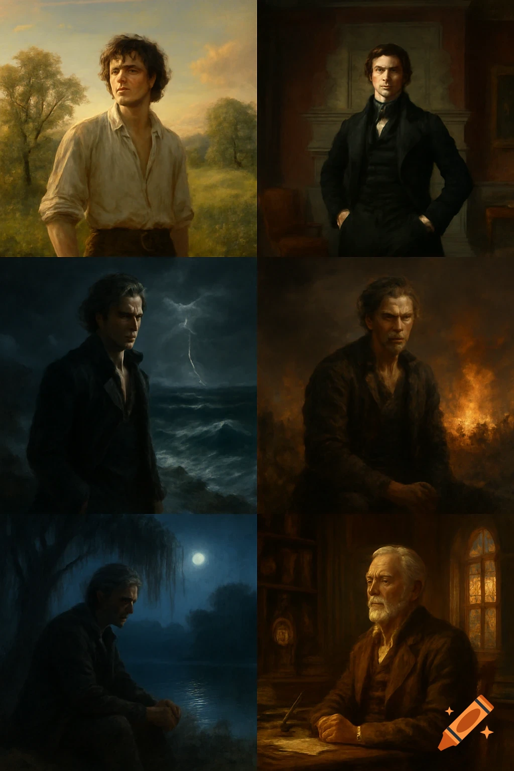 Six painted portraits of a man depicting his development from youth to ...