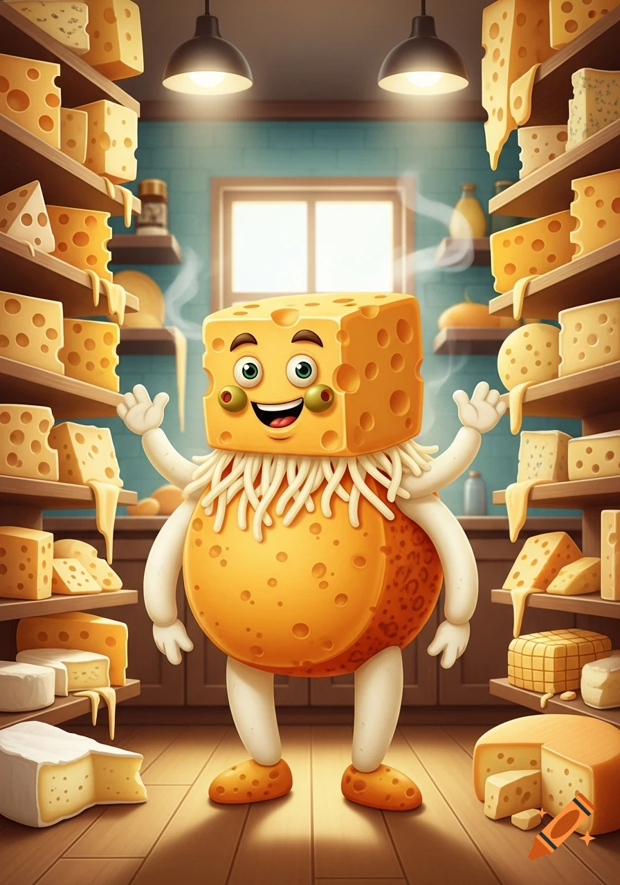A smiling cartoon cheese character with a block head and round body ...