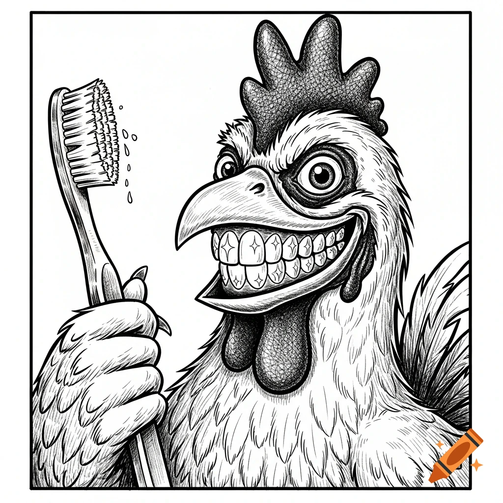 A humorous black and white ink illustration of an exaggerated chicken ...