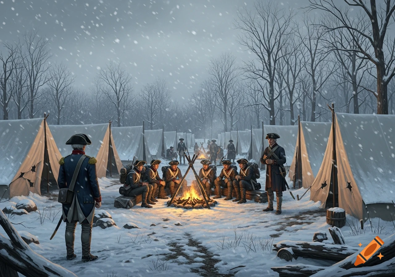 Historical soldiers in military uniforms around a campfire in a snowy ...