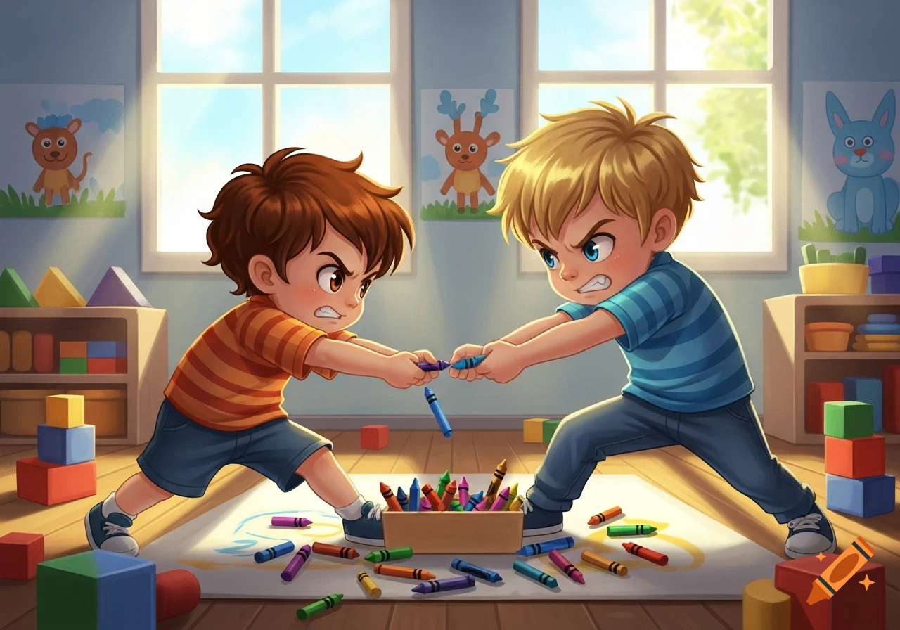 Two angry cartoon boys in a bright kindergarten classroom tugging on a ...