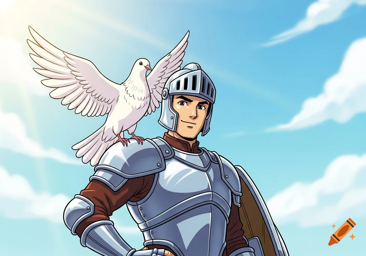A cartoon knight in shining armor with a white dove perched on his shoulder, against a bright ...