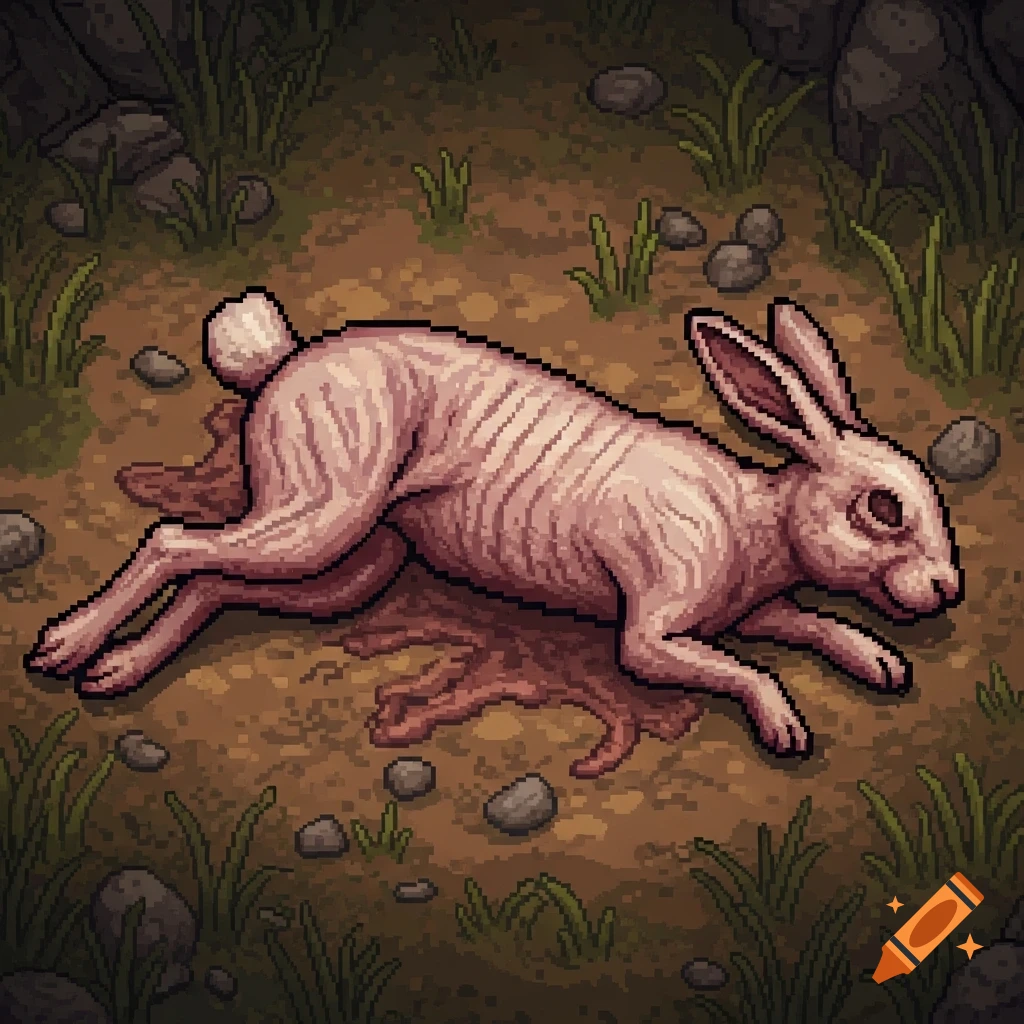 Pixel art of a skinned rabbit carcass lying on dirt with rocks and ...