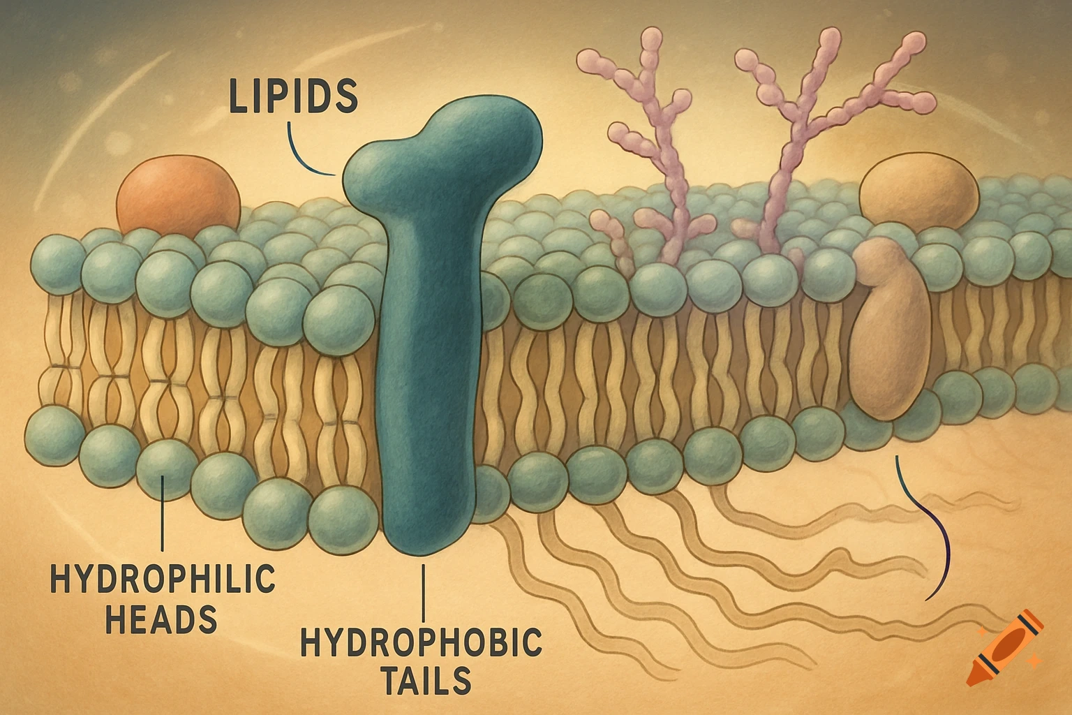 An illustrative diagram of a cell plasma membrane, showing hydrophilic ...